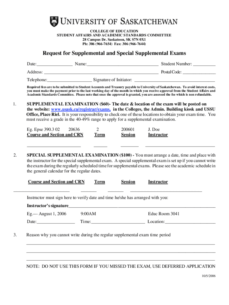 Fillable Online 2023 Request for Supplemental Exams at University of Saskatchewan Fax Email ...