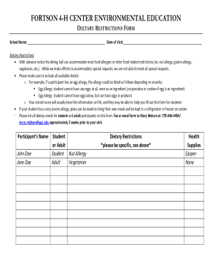 Fillable Online Fortson 4-h Center Dietary Restrictions Form 2023 Fax ...