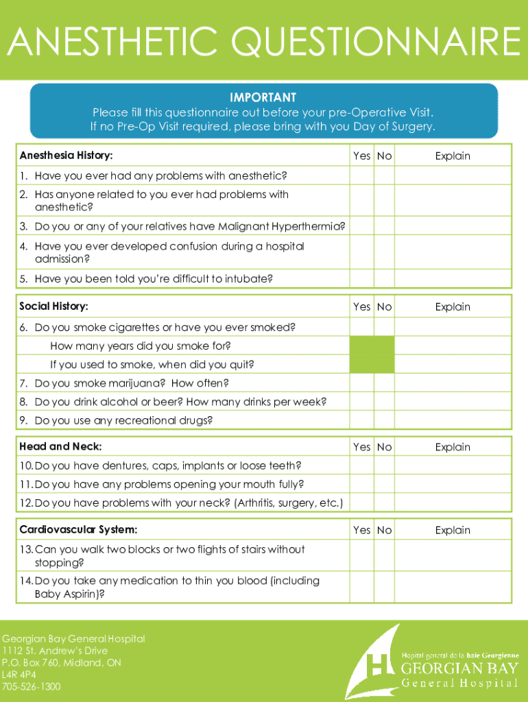 Fillable Online Anesthetic Questionnaire for Pre-operative Visit 2023 ...