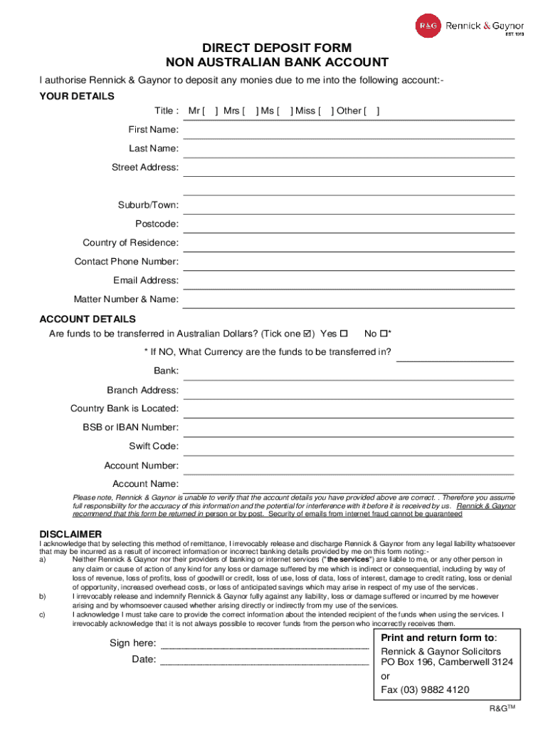 Fillable Online Direct Deposit Form for Non-australian Bank Accounts ...
