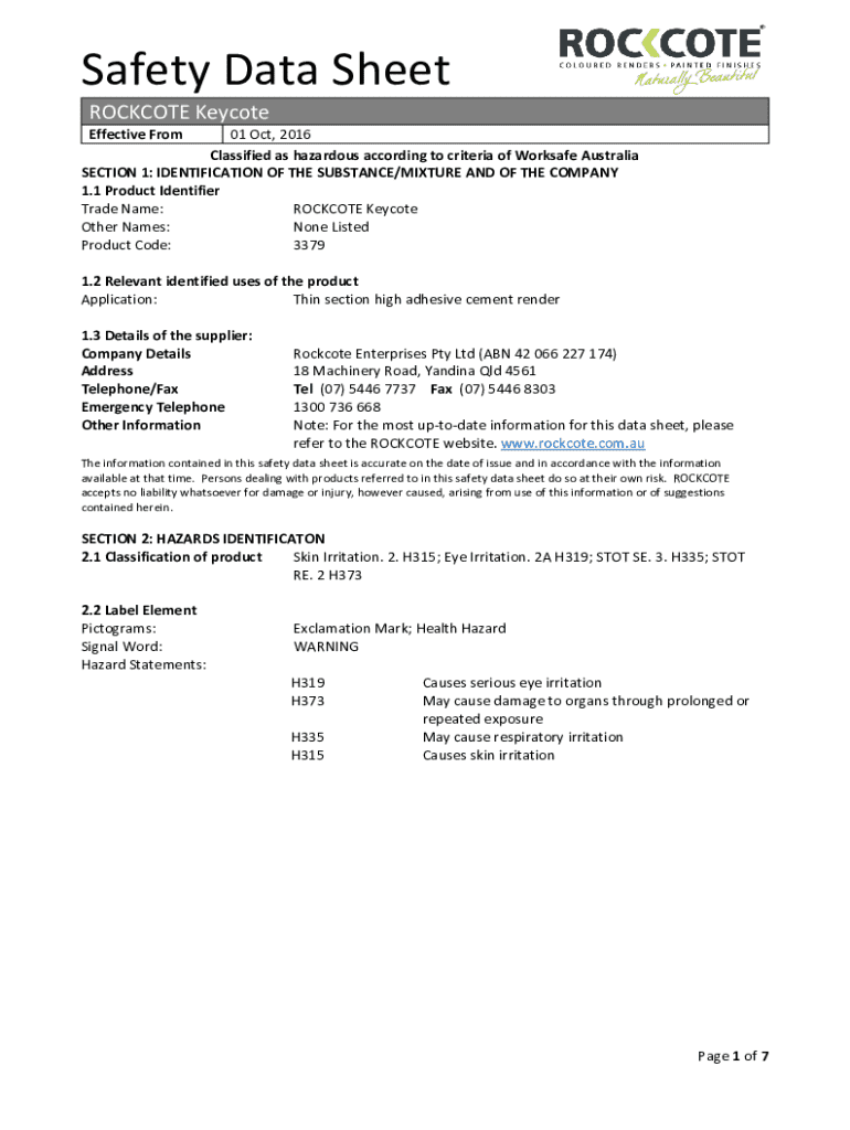 Fillable Online Rockcote Keycote Safety Data Sheet 2016 | Hazard ...