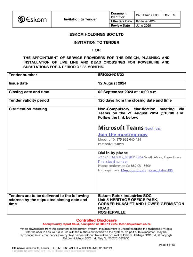 Fillable Online Eskom Tender for Live Line and Dead Crossings - 2024 ...