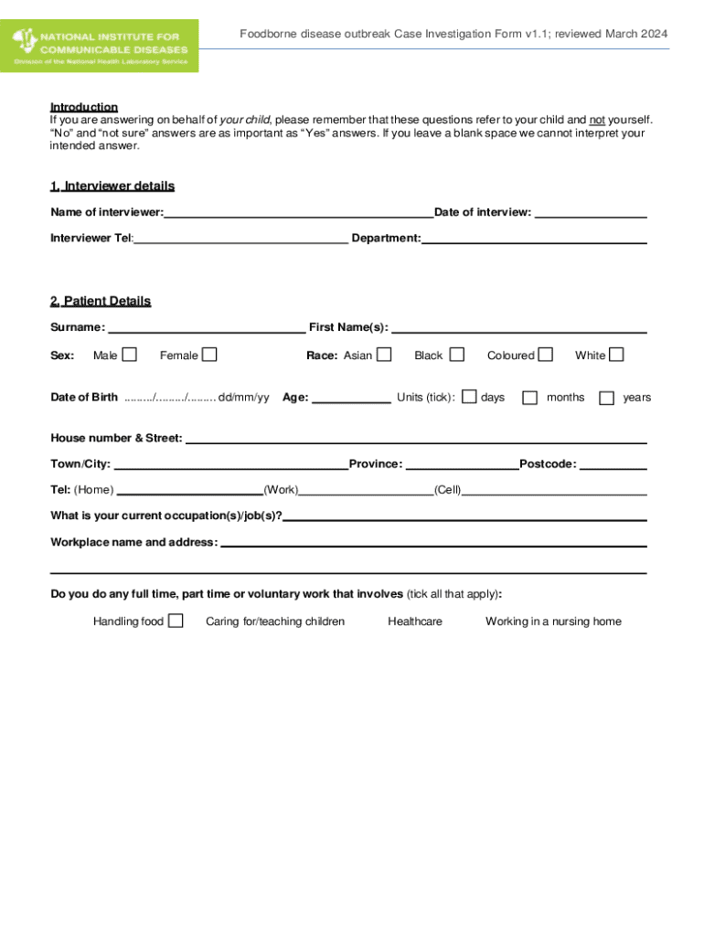 Fillable Online Foodborne disease outbreak Case Investigation Form v1.1 ...