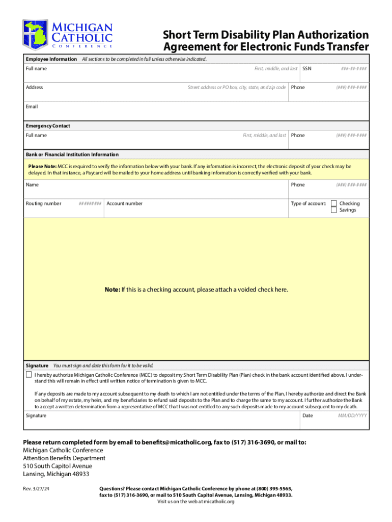 Fillable Online Short Term Disability Plan Electronic Funds Transfer ...