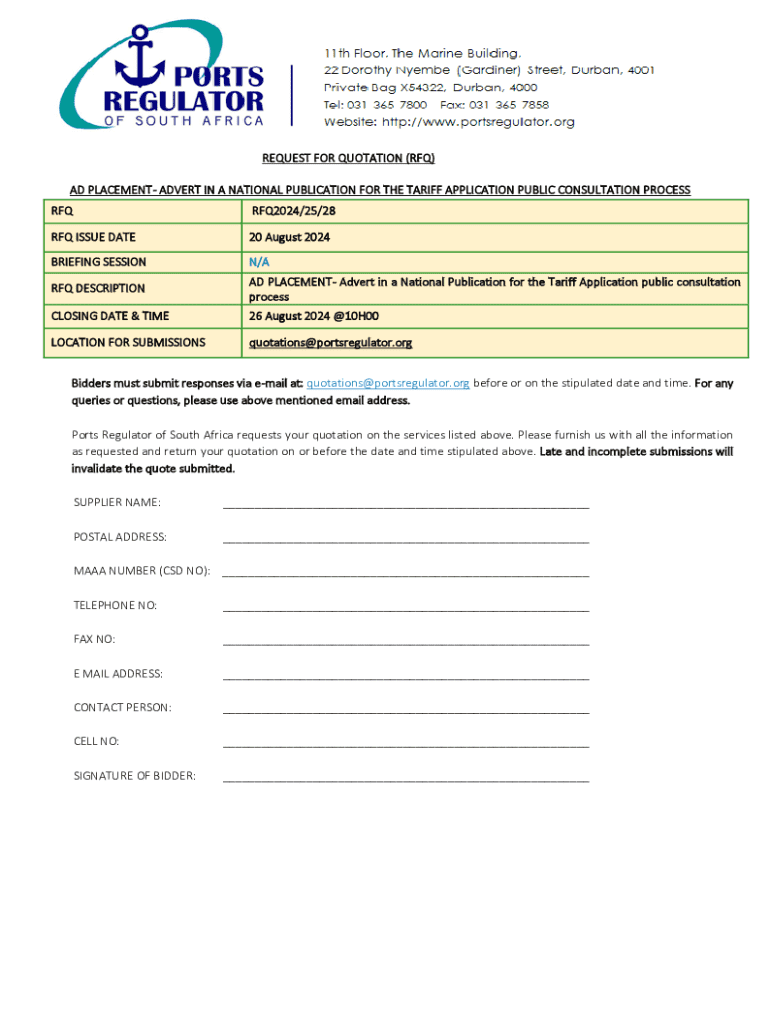 Fillable Online AD PLACEMENT- ADVERT IN A NATIONAL PUBLICATION FOR THE TARIFF APPLICATION PUBLIC ...