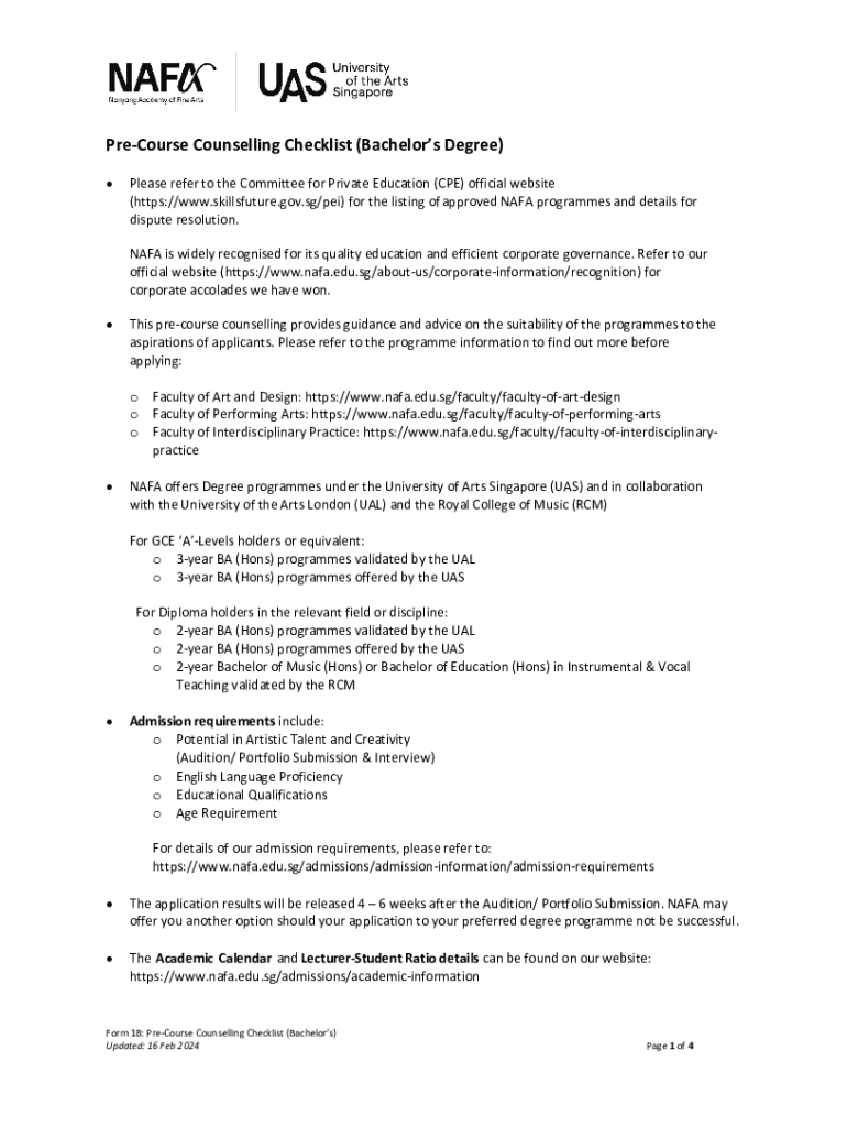 Fillable Online Form 1B Pre-course counselling checklist (Bachelor\'s ...