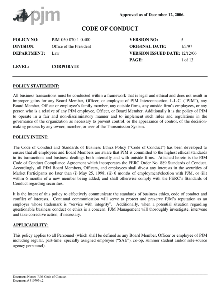 Fillable Online Pjm Code of Conduct Policy 2006 - Ethical Standards and ...