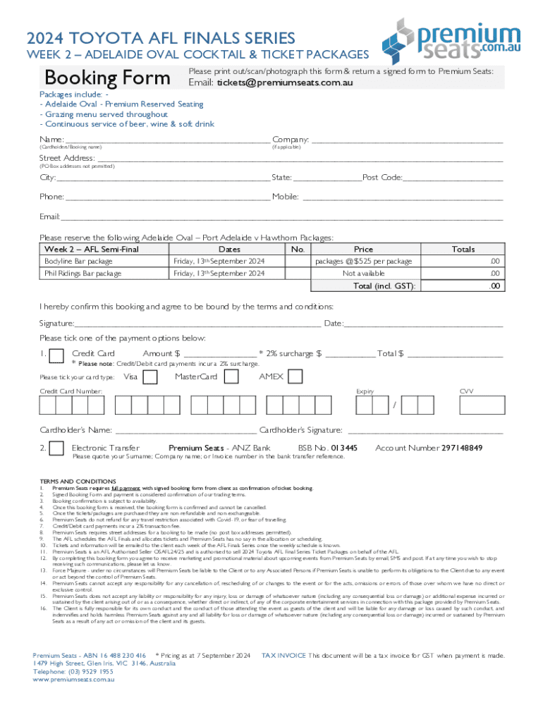 Fillable Online 2024 Toyota Afl Finals Series Week 2 Booking Form - Adelaide Oval Packages Fax ...