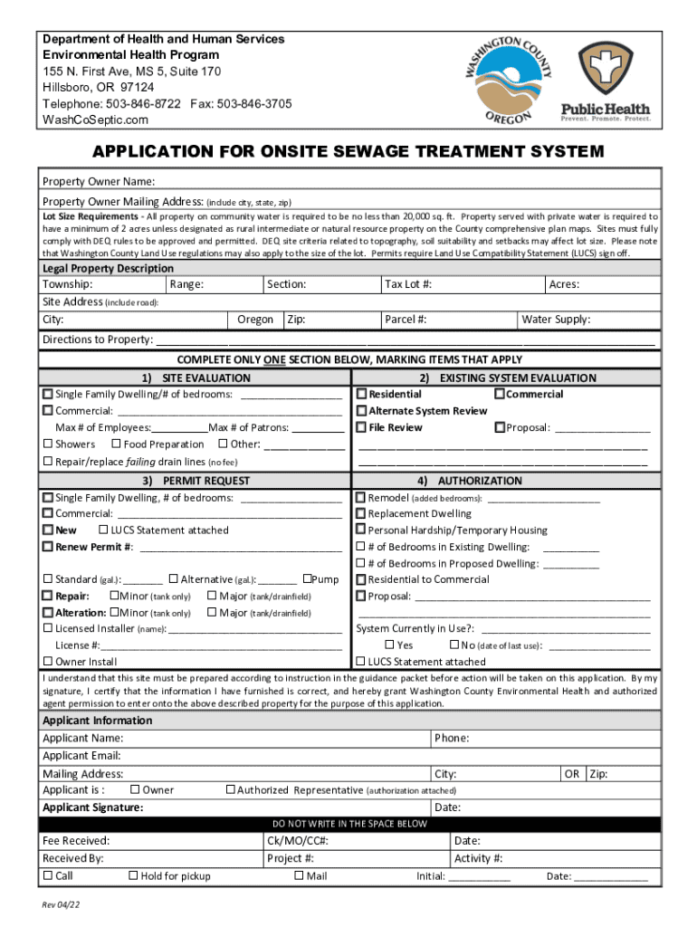 Fillable Online Onsite Sewage Treatment System Application - Washington County 2022 Fax Email ...