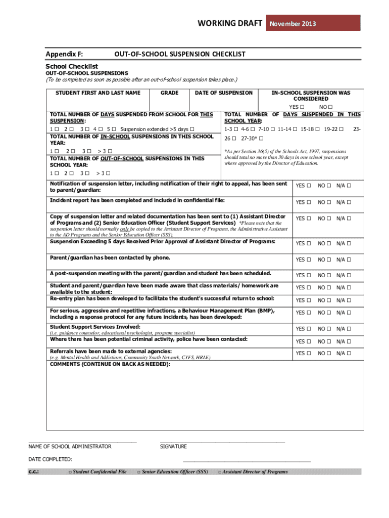 Fillable Online Out-of-school Suspension Checklist - November 2013 Fax ...