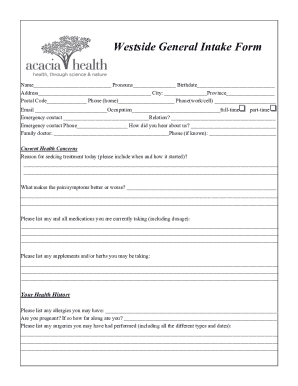 Fillable Online Westside General Intake Form 2023 - Health Assessment ...