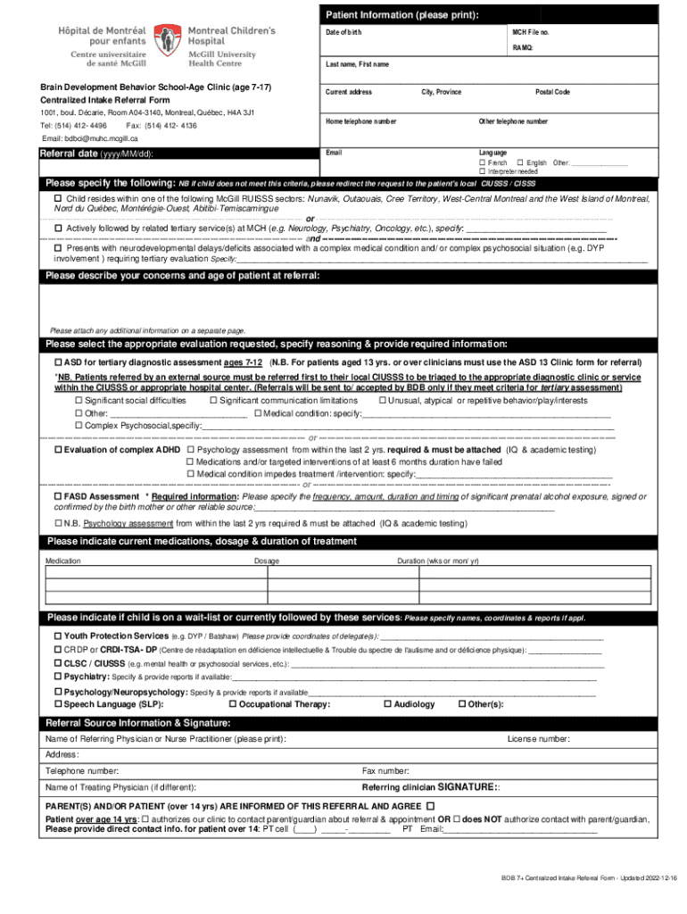 Fillable Online Brain Development Behavior School-age Clinic Referral ...