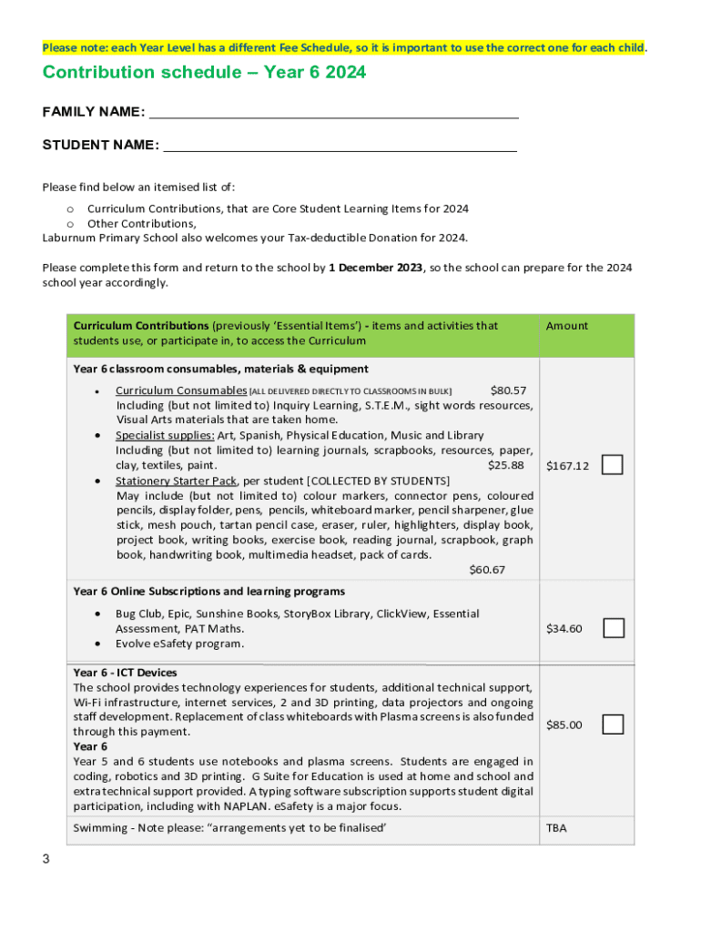 Fillable Online Parent Payment Arrangements 2024 for Year 6 at Laburnum ...
