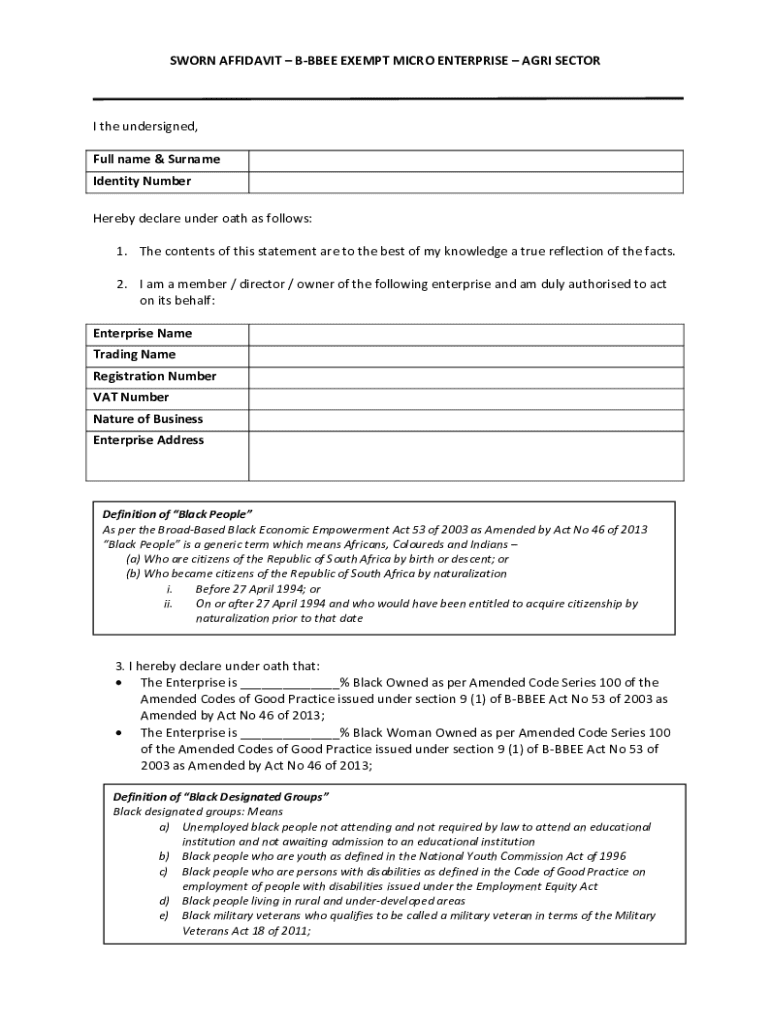 Fillable Online Sworn Affidavit for B-bbee Exempt Micro Enterprises in ...