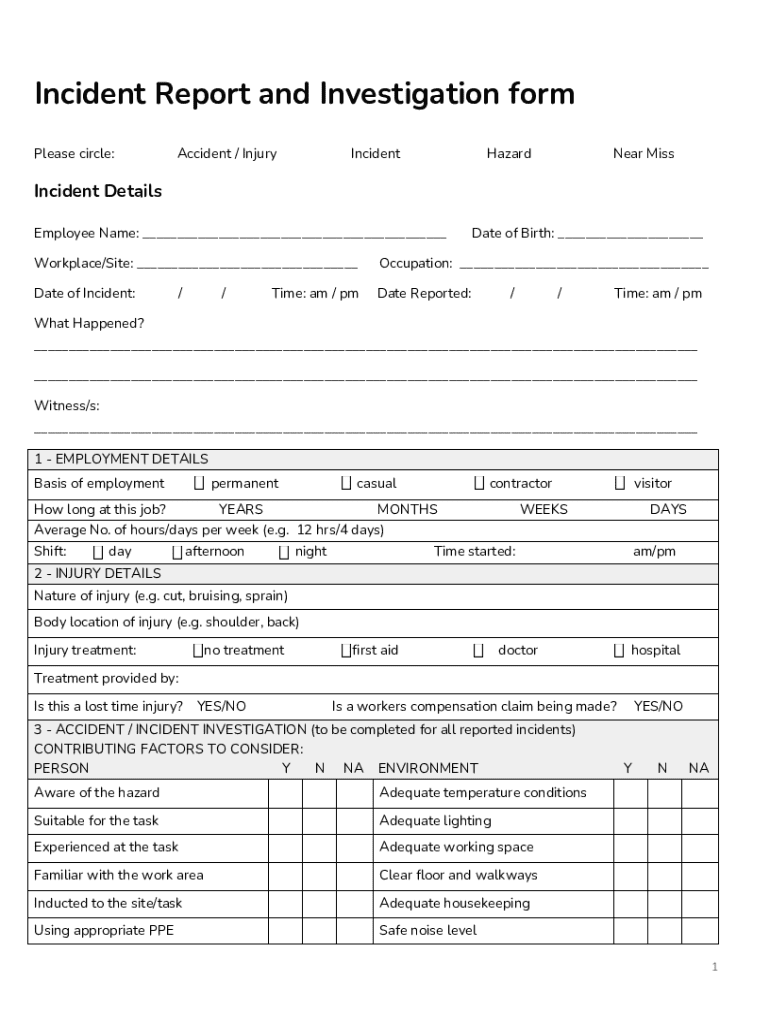 Fillable Online 2023 Incident Report and Investigation Form - Safety ...
