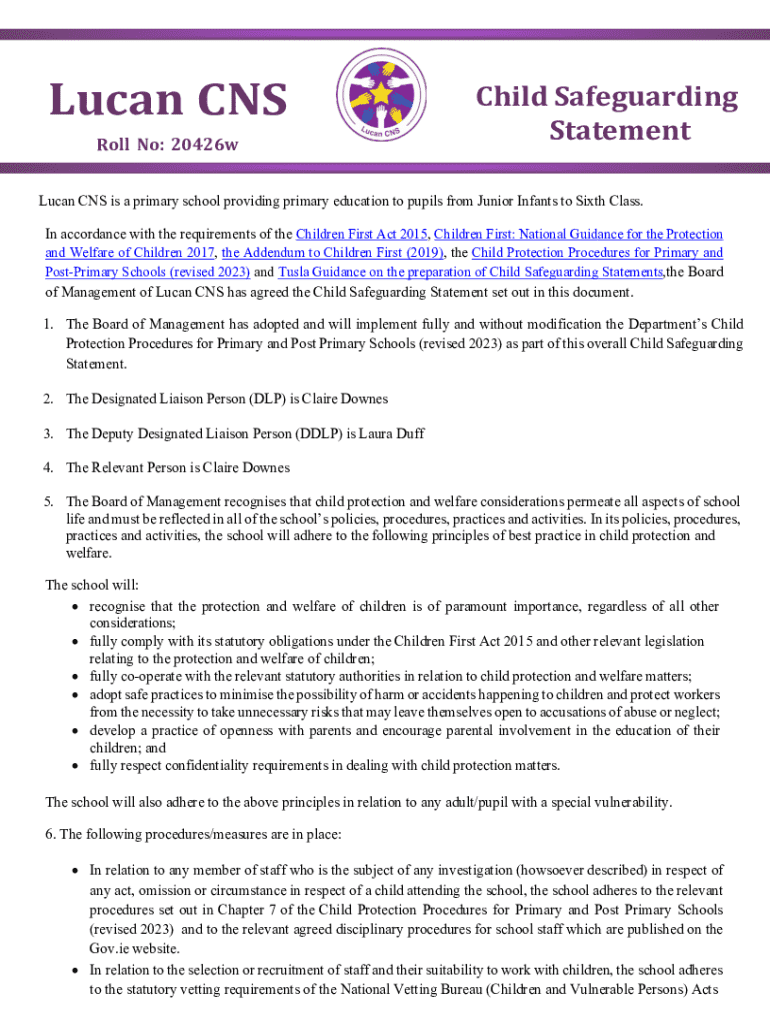 Fillable Online Child Safeguarding Statement for Lucan Cns 2023 Fax ...