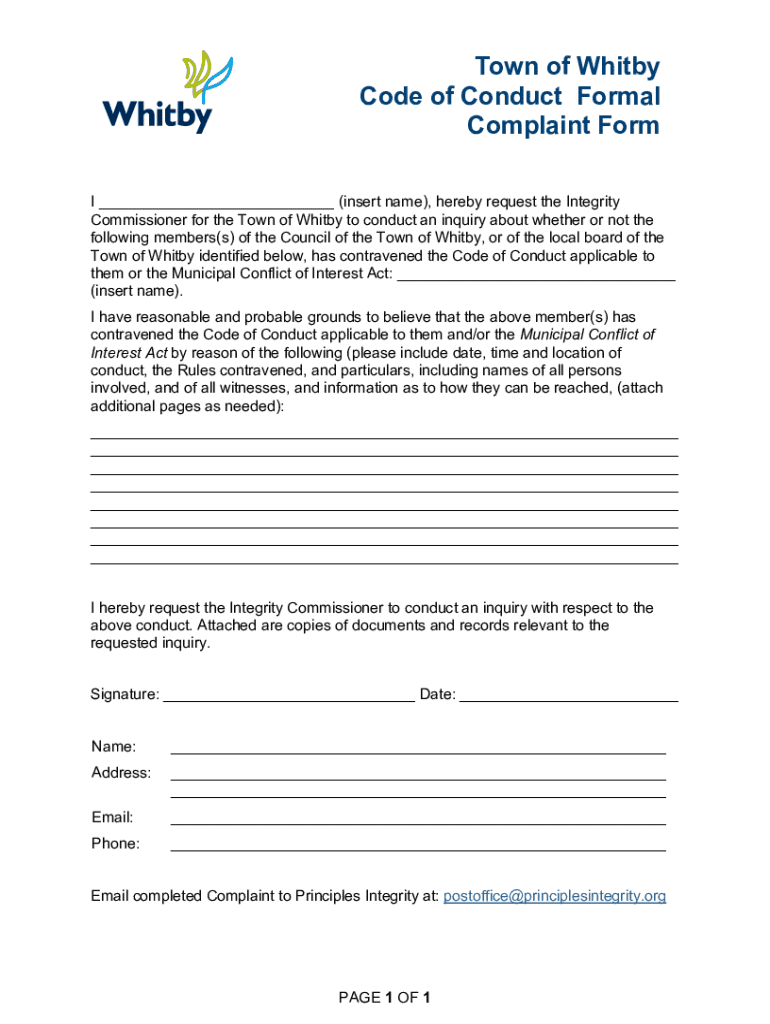 Fillable Online Town of Whitby Code of Conduct Complaint Form 2023 Fax ...