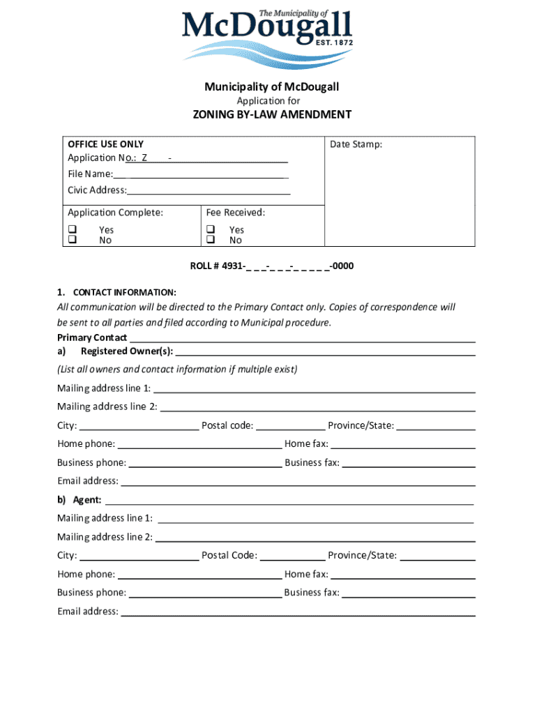 Fillable Online Municipality of Mcdougall Zoning by-law Amendment Application 2023 Fax Email ...