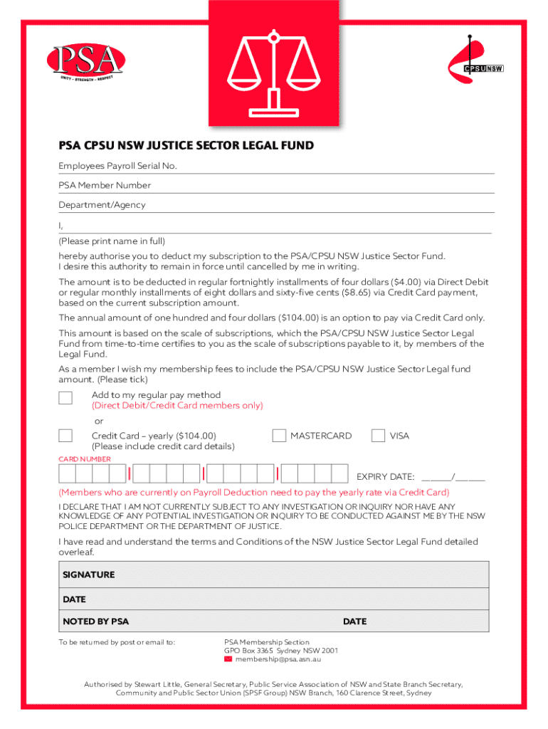 Fillable Online Psa Cpsu Nsw Justice Sector Legal Fund Subscription 2023 Fax Email Print - pdfFiller