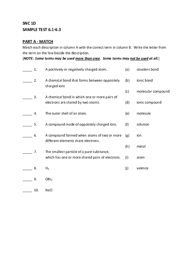 Fillable Online Snc 1d Sample Test 2023: Chemistry Concepts and ...