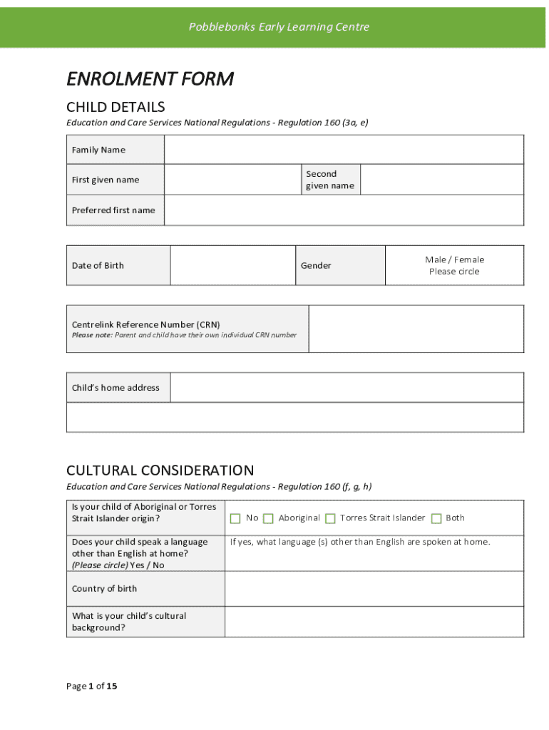 Fillable Online Pobblebonks Early Learning Centre Enrolment Form 2023 ...