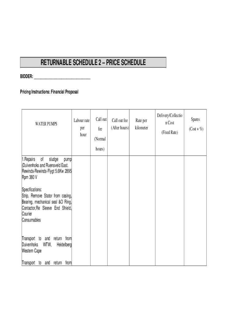 Fillable Online RETURNABLE SCHEDULE 2 PRICE SCHEDULE Fax Email Print ...