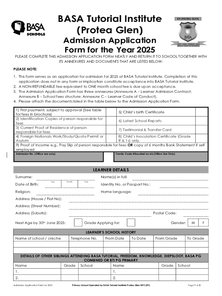 Fillable Online 2025 Admission Application for Basa Tutorial Institute ...