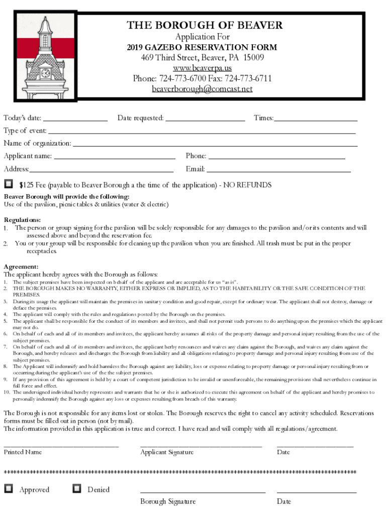 Fillable Online 2019 Gazebo Reservation Application - Beaver Borough ...
