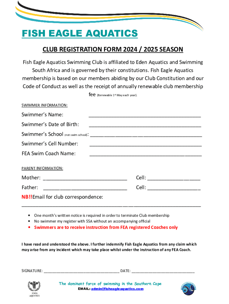Fillable Online Fish Eagle Aquatics Club Registration Form 2024/2025 Season Fax Email Print ...