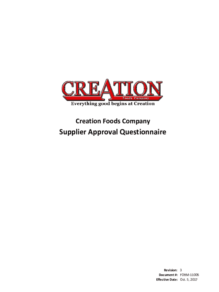 Fillable Online Creation Foods Supplier Approval Questionnaire 2017 Fax ...