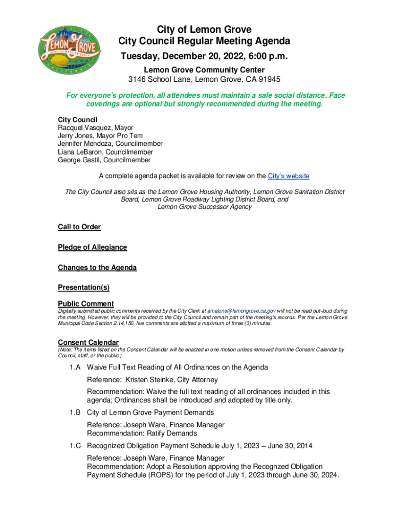 Fillable Online City of Lemon Grove Council Meeting Agenda - December 20, 2022 Fax Email Print ...