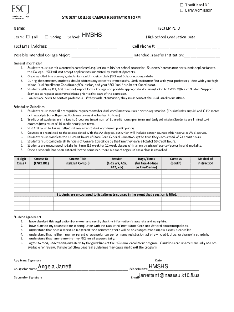 Fillable Online Fscj Student College Registration Form 2023 - Dual ...