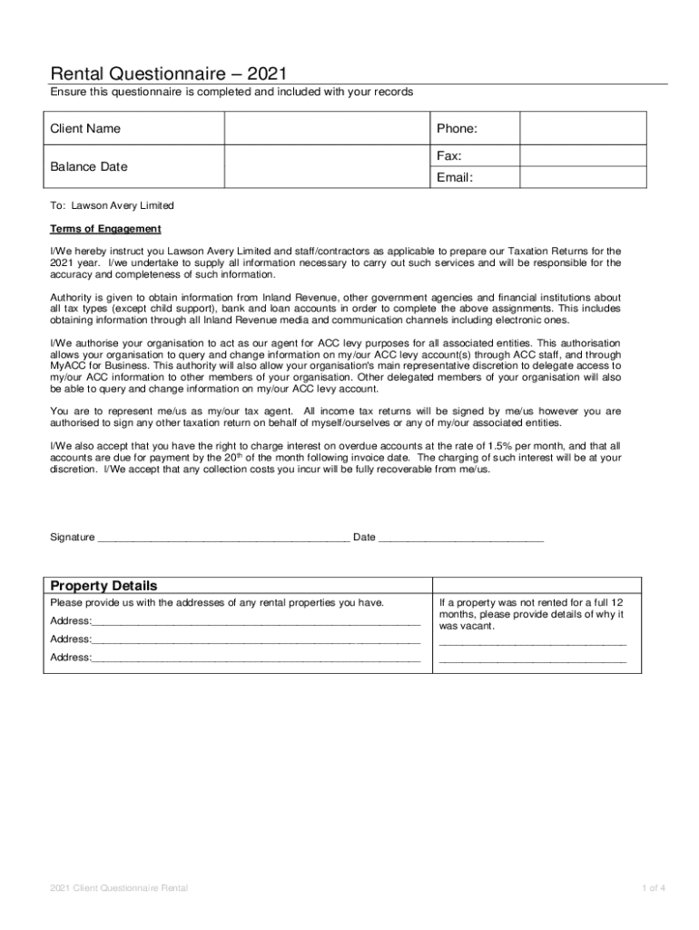 Fillable Online 2021 Rental Questionnaire for Taxation Returns Fax ...
