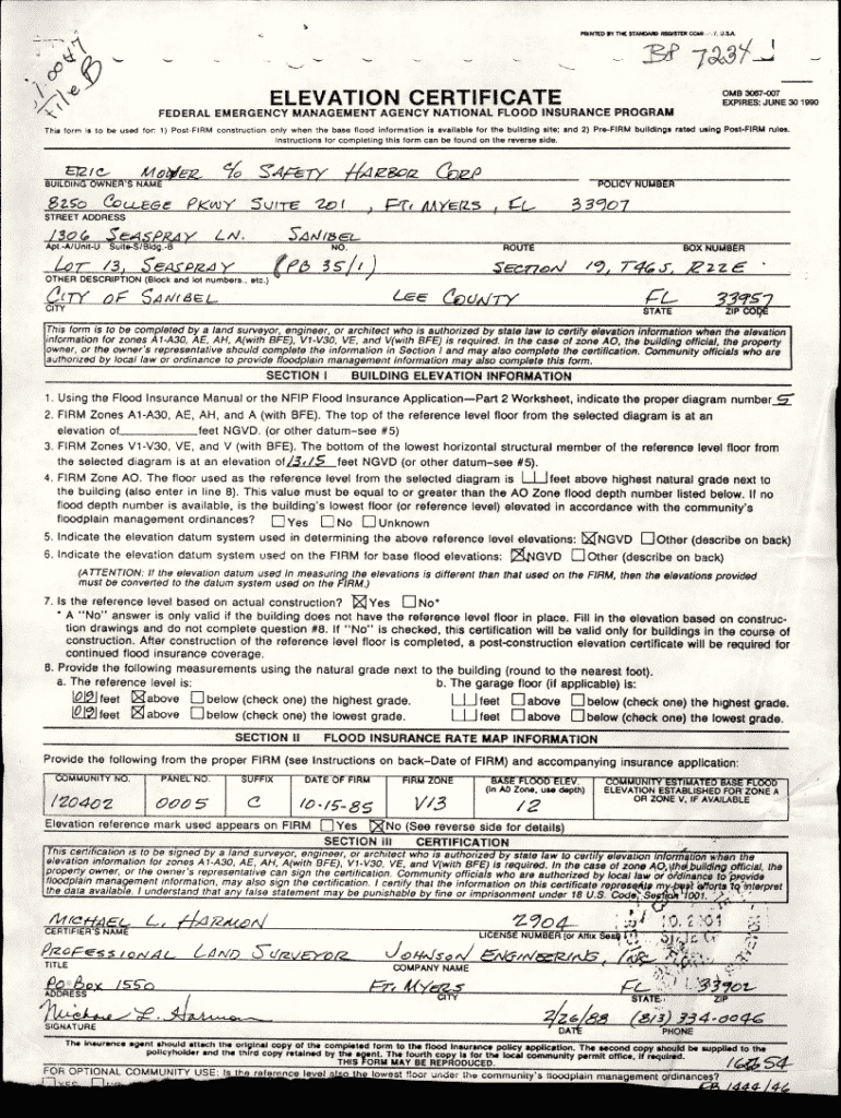 Fillable Online Elevation Certificate for National Flood Insurance ...