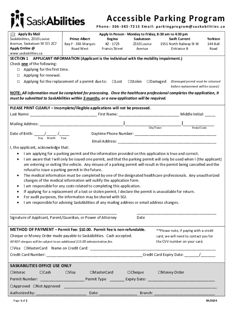 Fillable Online Accessible Parking Permit Application - Saskabilities ...