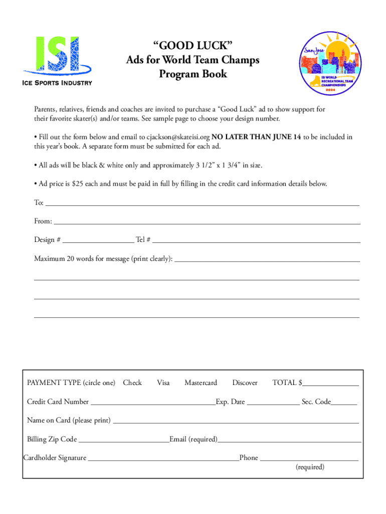 Fillable Online Good Luck Ads for World Team Champs Program Book 2023 ...