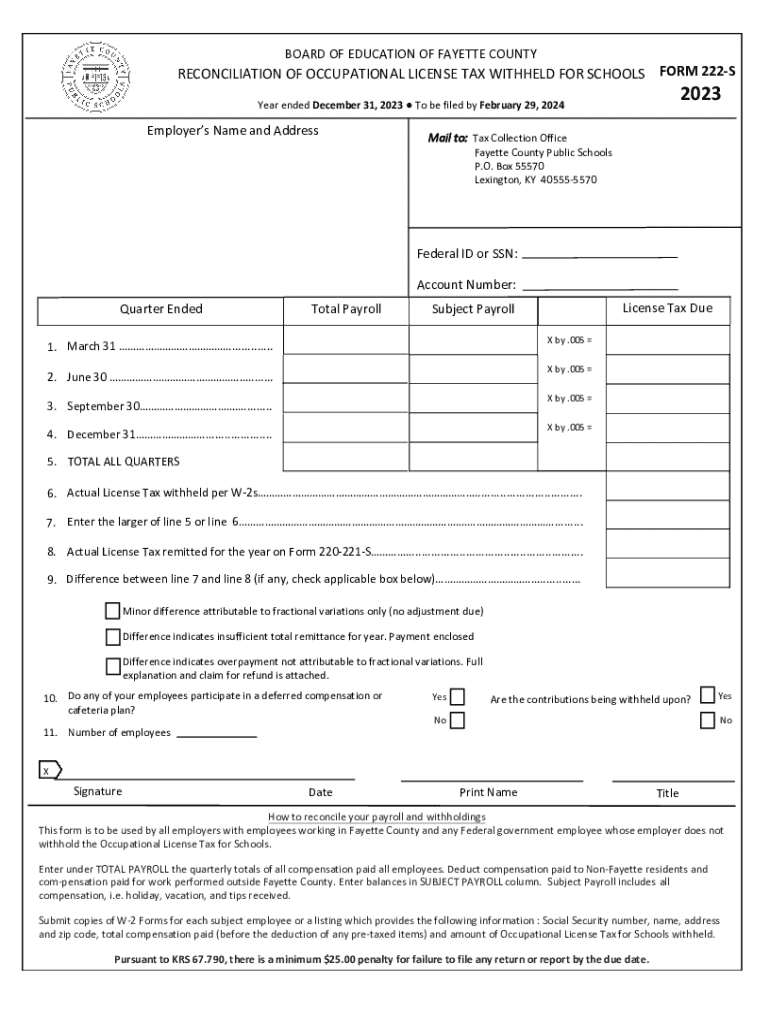Fillable Online Occupational License Tax Reconciliation Form 222-s for ...