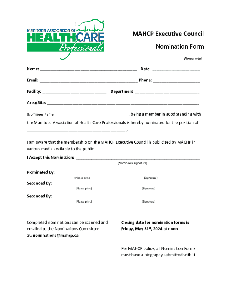 Fillable Online Mahcp Executive Council Nomination Form 2024 Fax Email ...