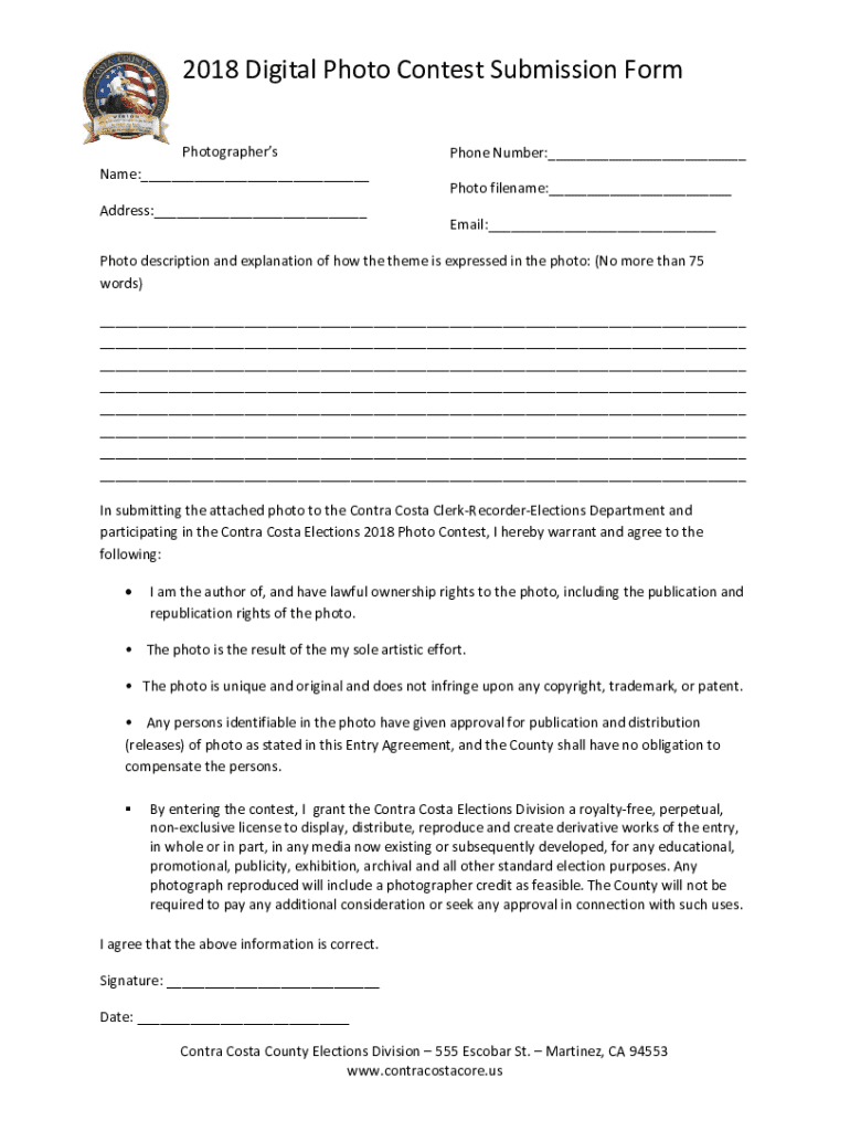 Fillable Online 2018 Contra Costa Digital Photo Contest Submission Form ...