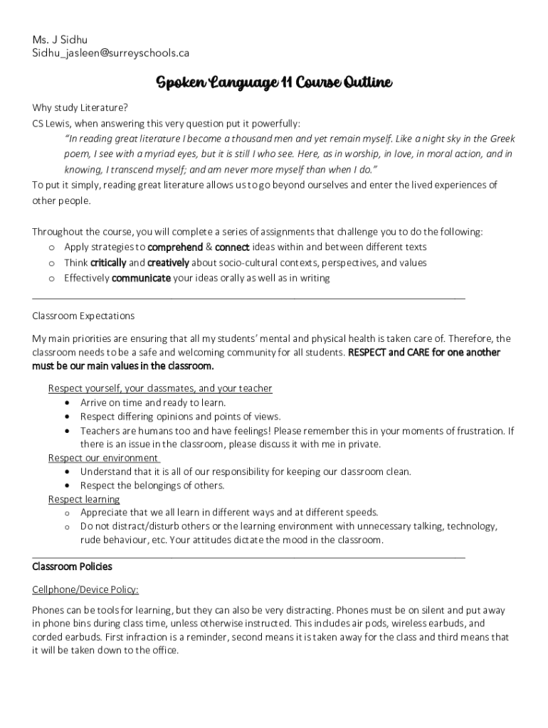 Fillable Online Spoken Language 11 Course Outline - Enhance Your Literature Skills 2023 Fax ...