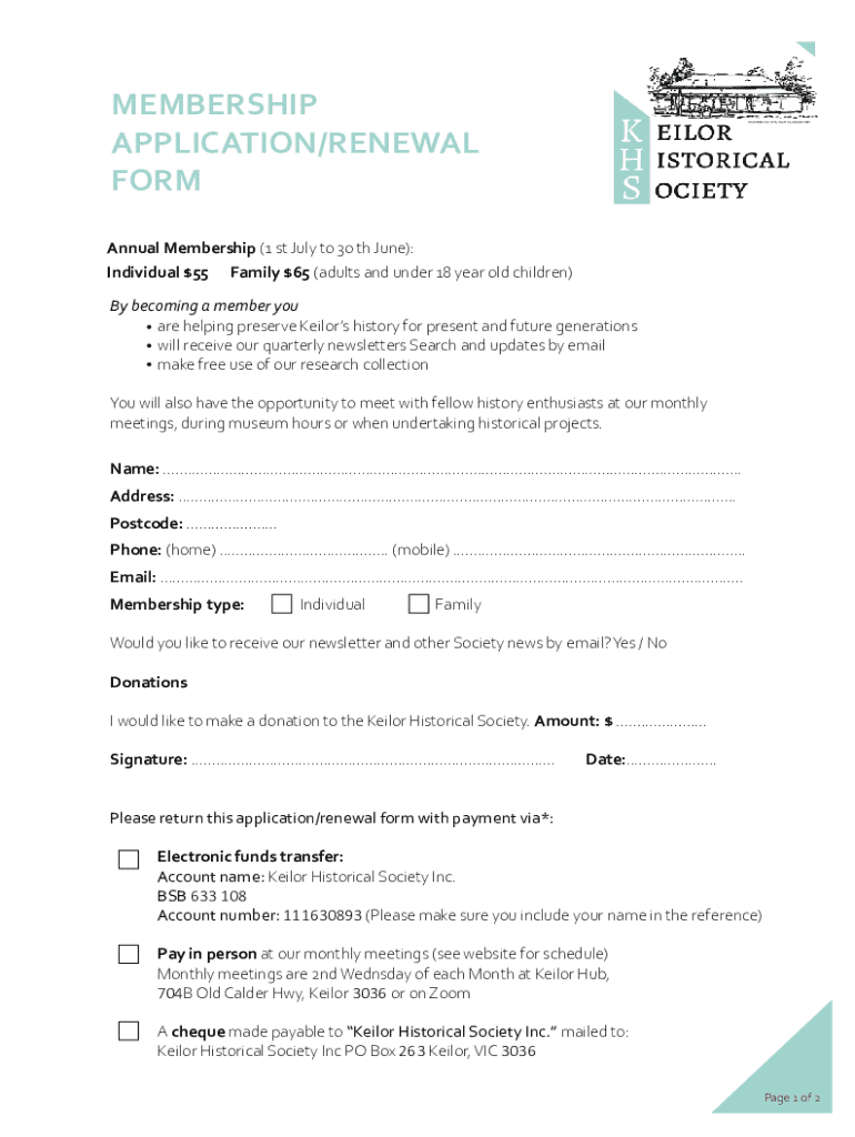 Fillable Online Keilor Historical Society Membership Application ...