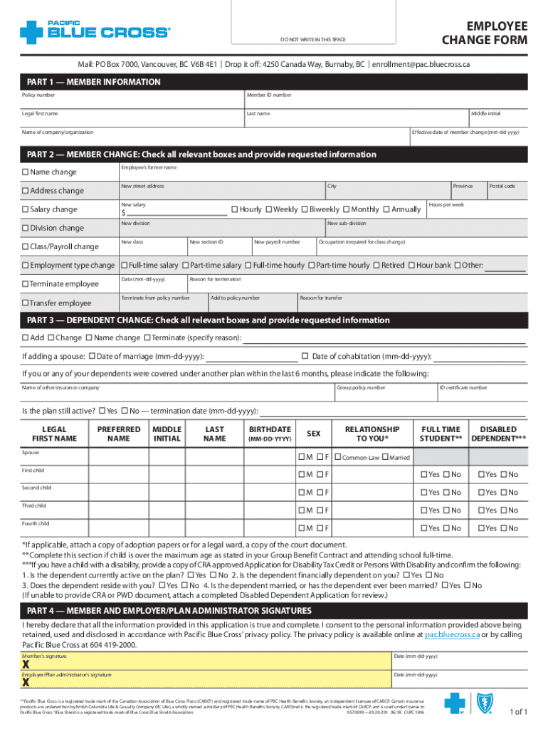 Fillable Online Employee Change Form 2023 - Pacific Blue Cross Fax ...