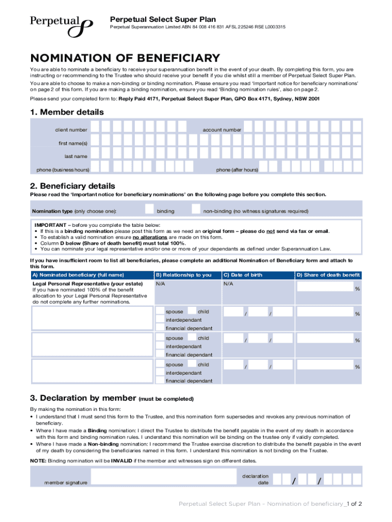 Fillable Online Perpetual Select Super Plan - Nomination of Beneficiary 2023 Fax Email Print ...