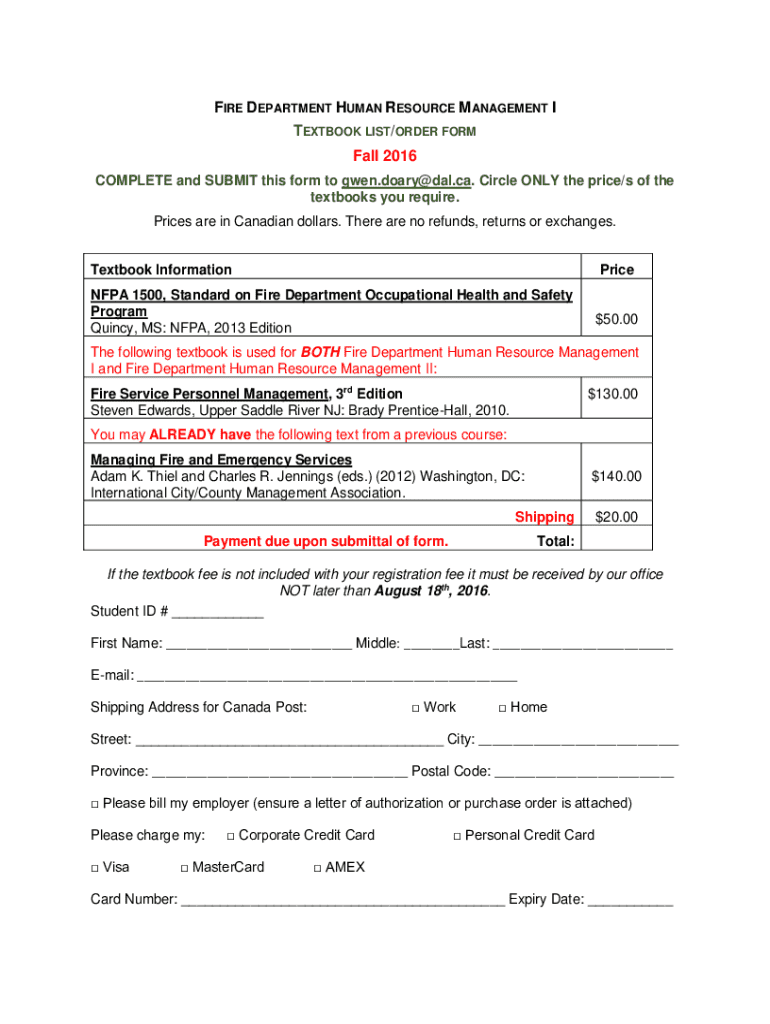 Fillable Online Fire Department Human Resource Management I Textbook Order Form 2016 Fax Email ...