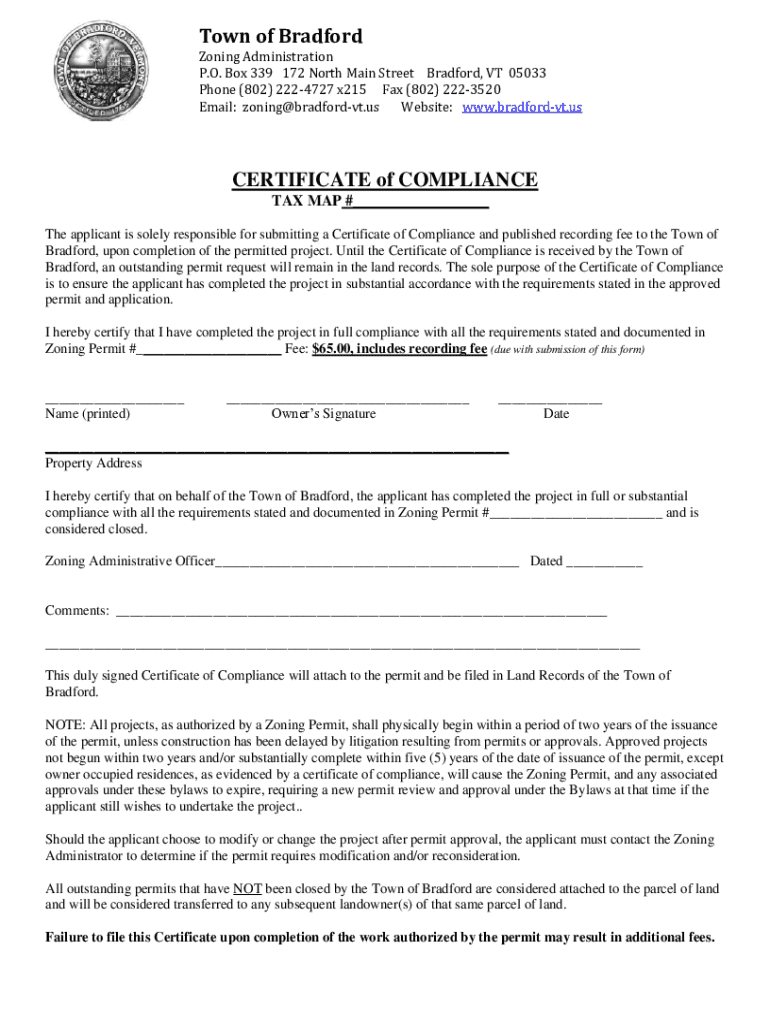 Fillable Online Certificate of Compliance for Zoning Projects in Bradford Vt 2023 Fax Email ...