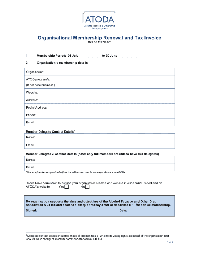 Fillable Online Organisational Membership Renewal and Tax Invoice Fax ...