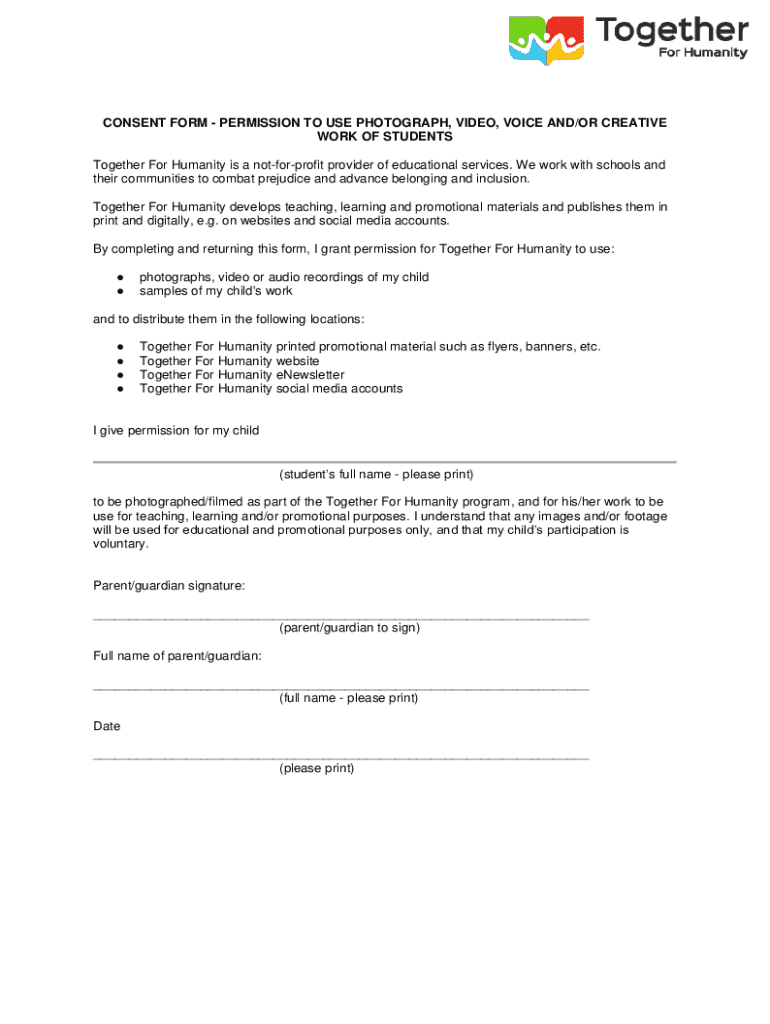 Fillable Online Consent Form for Use of Student Media - Together for Humanity 2023 Fax Email ...