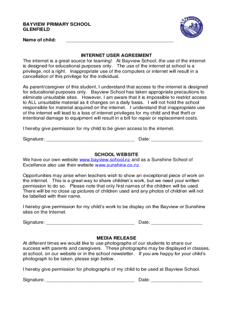 Fillable Online Bayview Primary School Internet User Agreement 2023 Fax ...