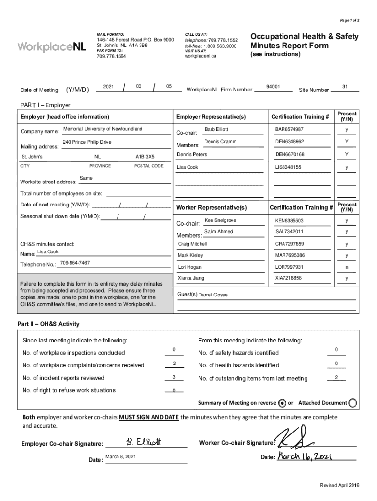 Fillable Online Occupational Health & Safety Minutes Report Form 2021 ...