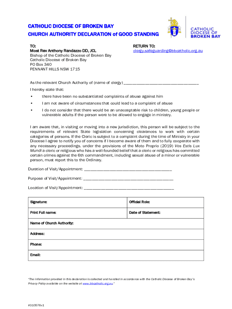 Fillable Online 2023 Catholic Diocese Authority Declaration of Good ...